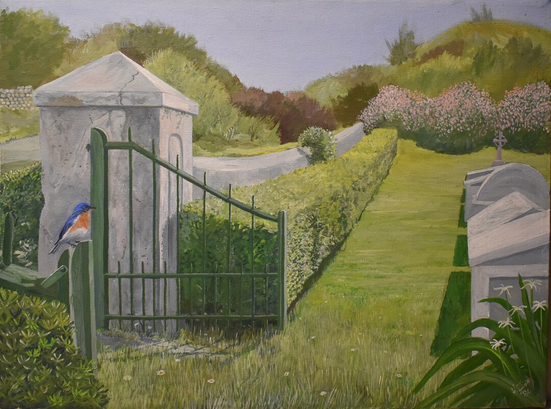 Vintage Garden Gate Oil Painting of Landscape With Blue Bird Artist ...