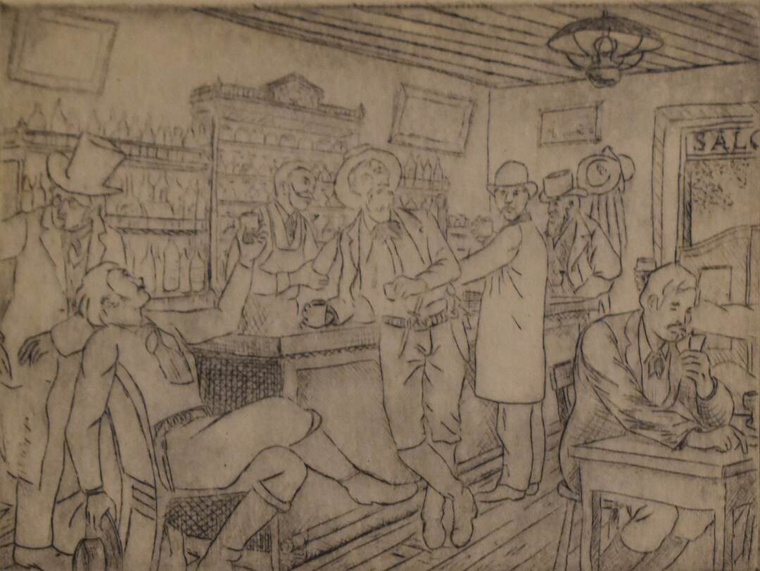 Vintage Bar Etching of Saloon Bar People Card Game Artist Signed - Etsy