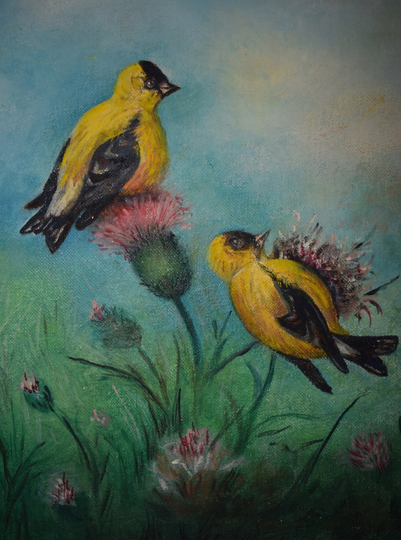 Vintage oil painting of yellow finches on thistle | Etsy