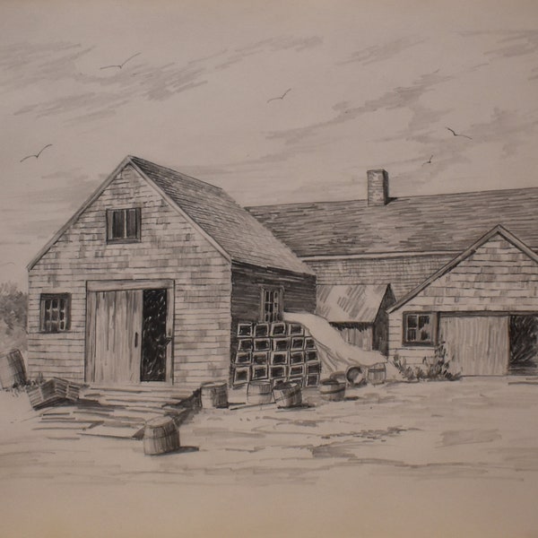 Pencil Drawing of a Farm - Etsy