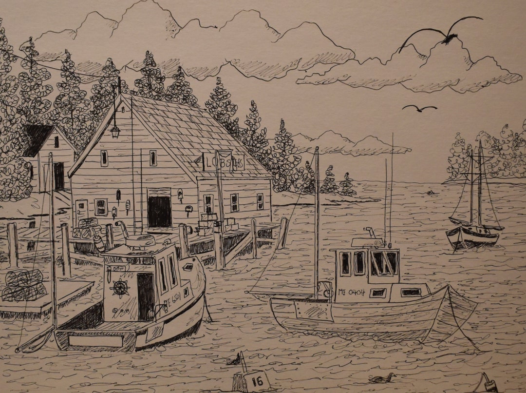 Vintage Maine Harbor Ink Drawing Harbor Ink Drawing of Lobster Fishing ...