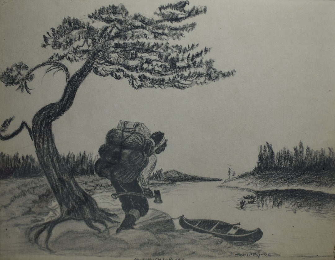 Vintage Ink Drawing North Country Chalk Drawing Canoe Pond Tree ...