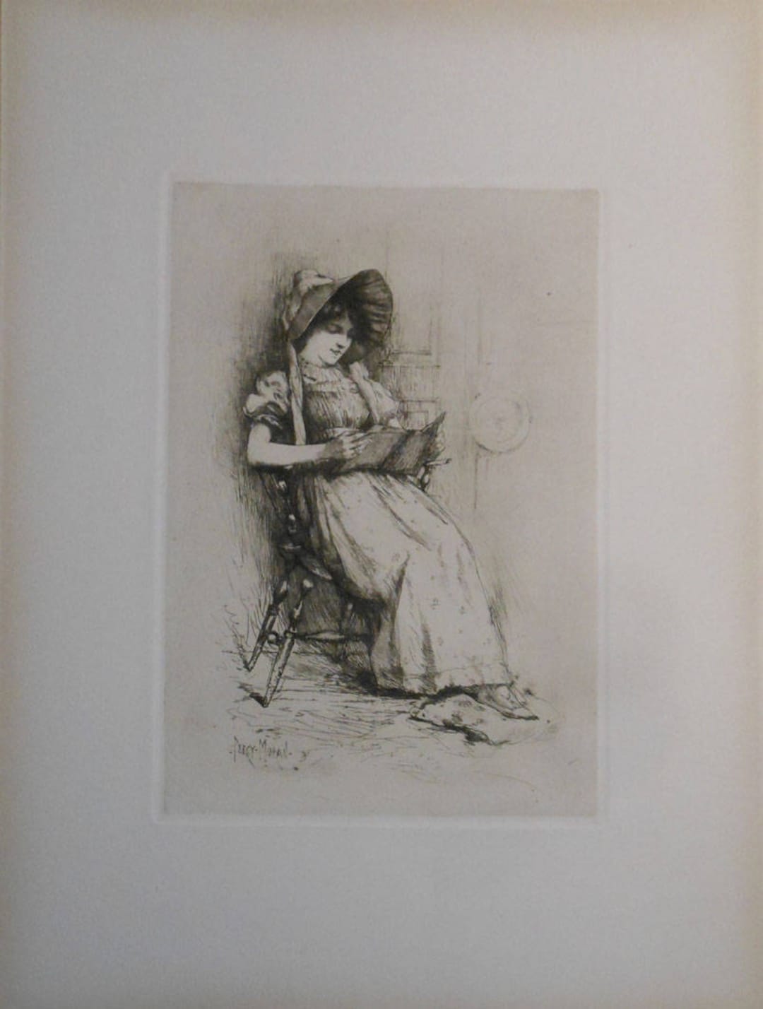 Vintage Etching Percy Moran Artist Woman Sitting of Young Girl With Hat ...