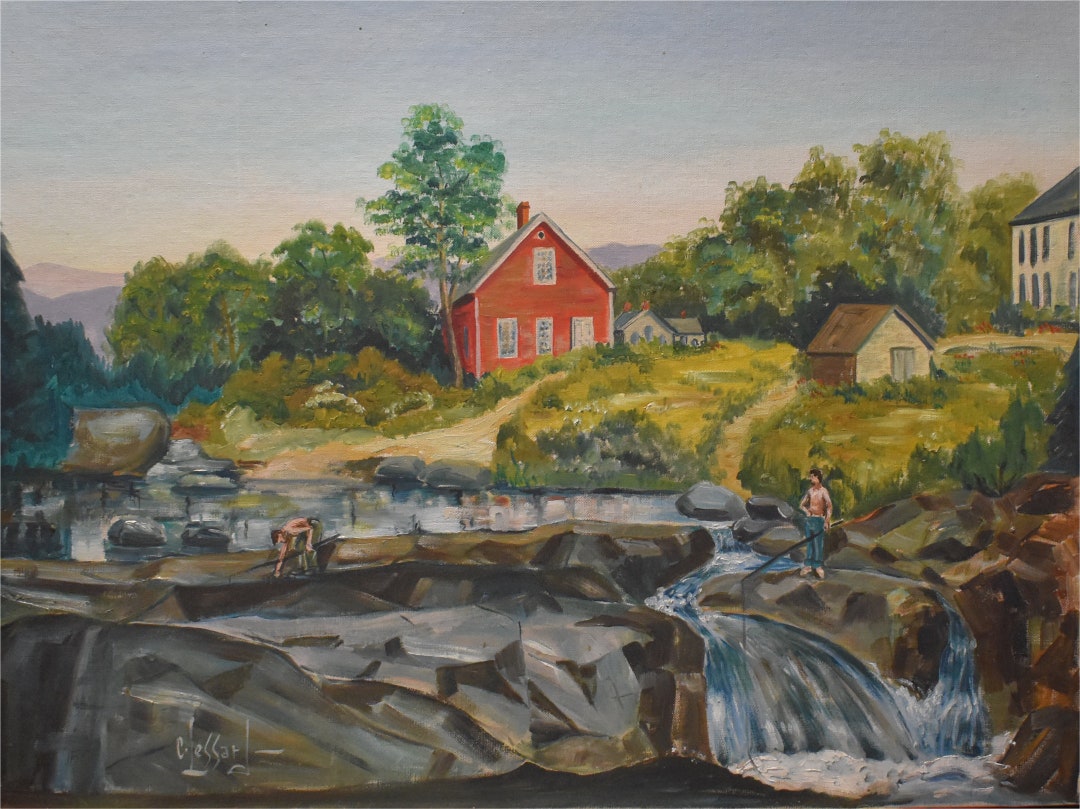 Vintage Oil Painting of Red Barn River Falls House on Hill With Brook ...
