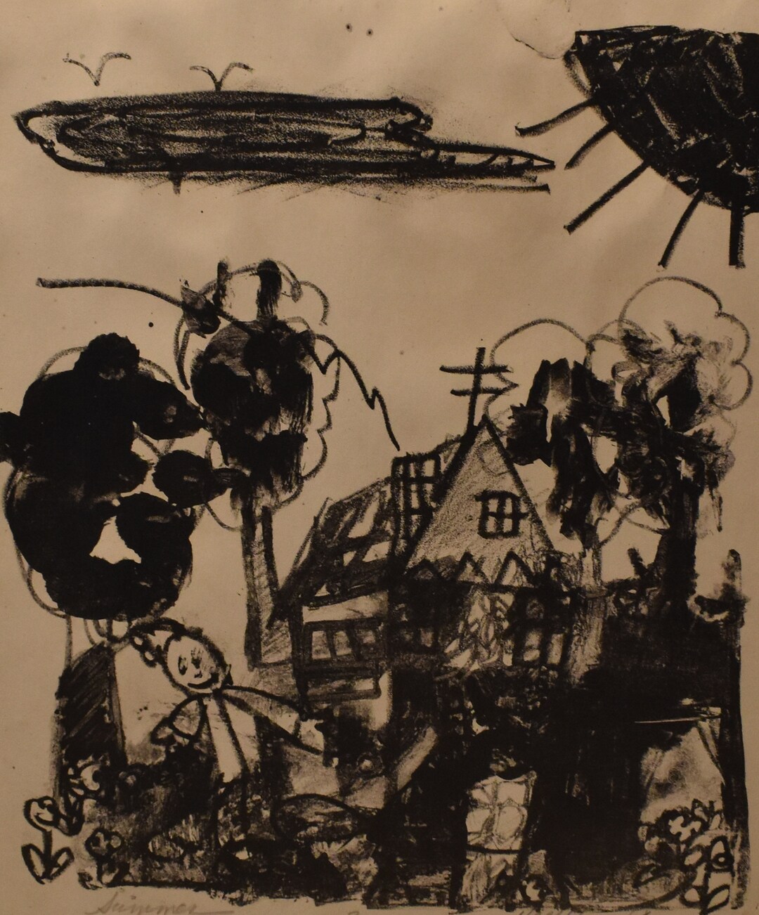 Vintage Village Abstract Stone Lithograph of Home With People Sun ...