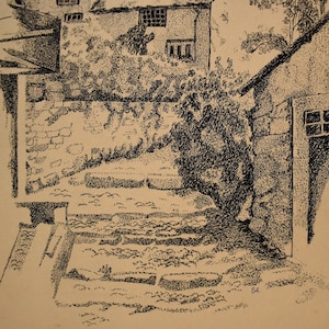 Vintage House Art Drawing Old Walk Way House Front Trees - Etsy