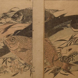 Vintage Ca 1800 Fish Woodblock Swimming Fish Japanese Color Wood Block ...