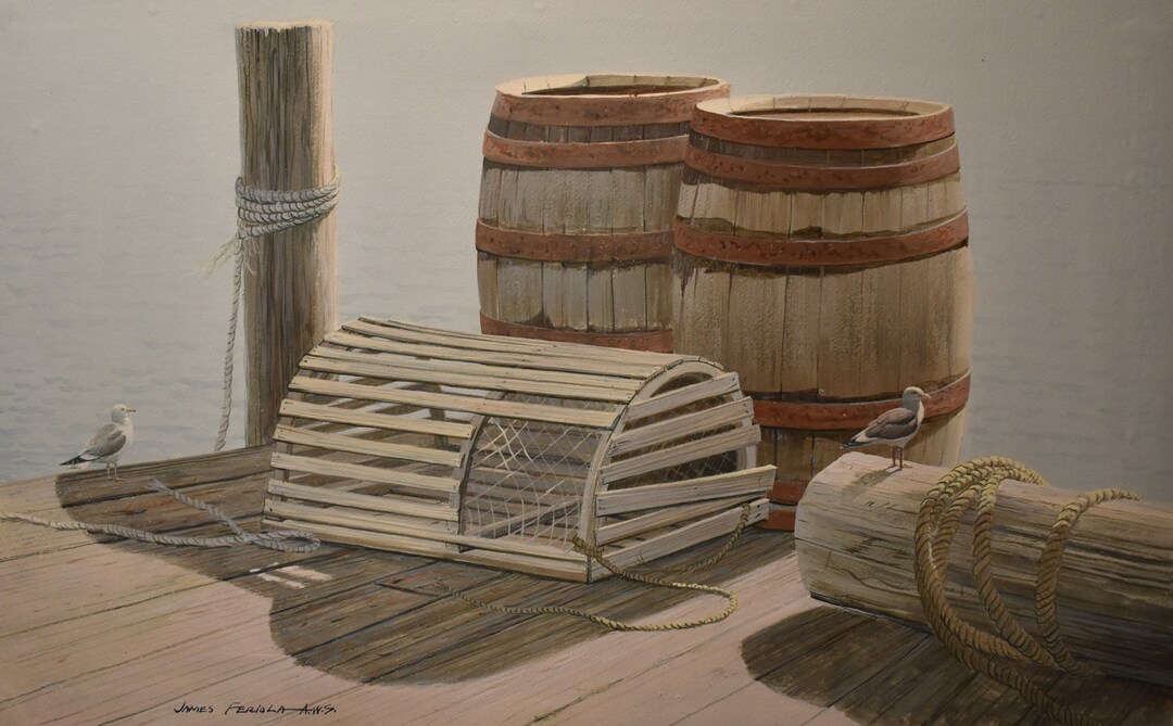Vintage Lobster Trap Art Watercolor Log Rope Signed Listed Artist James ...