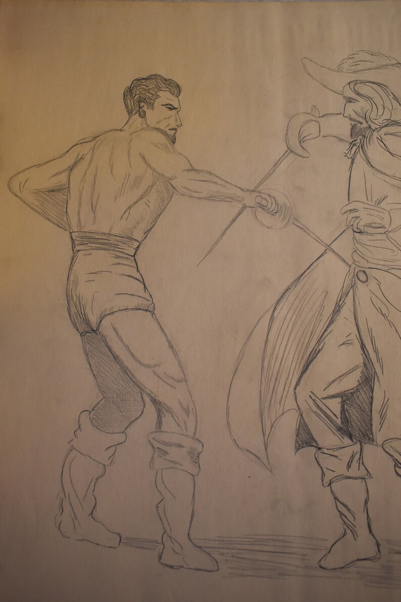 Vintage Pencil Drawing of Two People Fencing Signed - Etsy