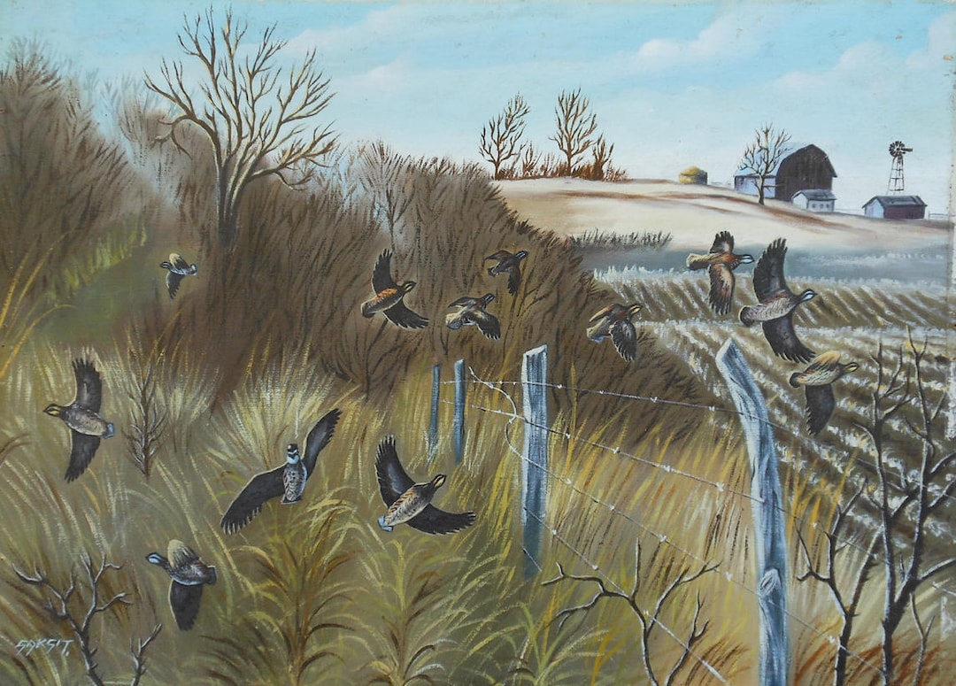Vintage Oil Painting of Grouse Flying in Farm Field Old Fence Windmill ...