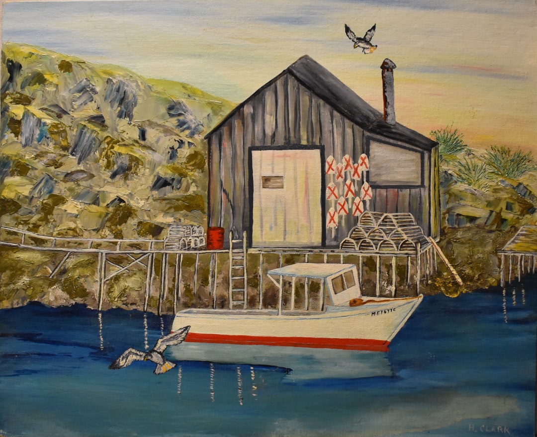 Vintage Lobster Boat Oil Painting Traps Building Birds Artist Signed - Etsy