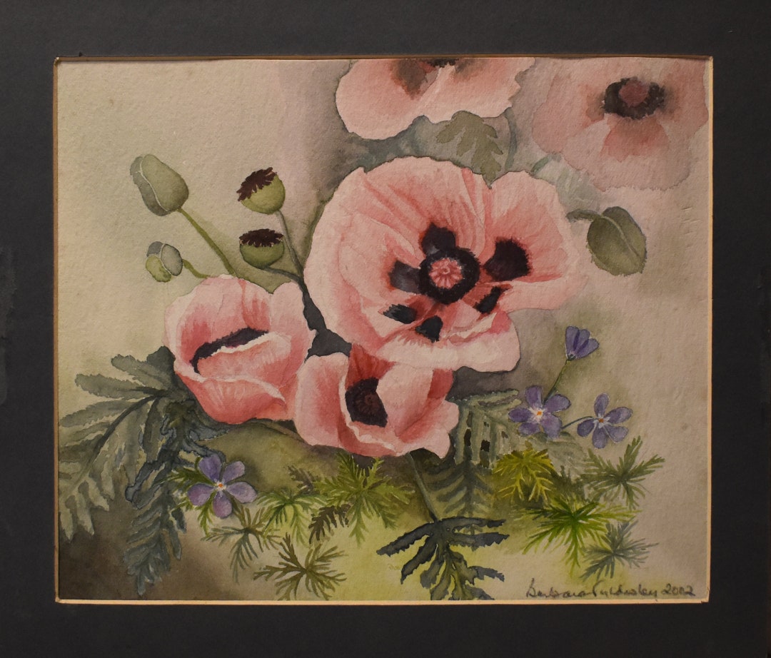 Vintage Three Red Poppy S Blue Gentian Watercolors Paintings - Etsy