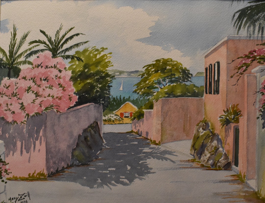 Vintage Bermuda Watercolor Pink Flowers Sea of Old Maids Lane in ...