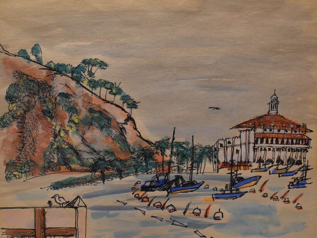 Vintage Island Catalina Ink Watercolor of Catalina Island Casino Boats ...