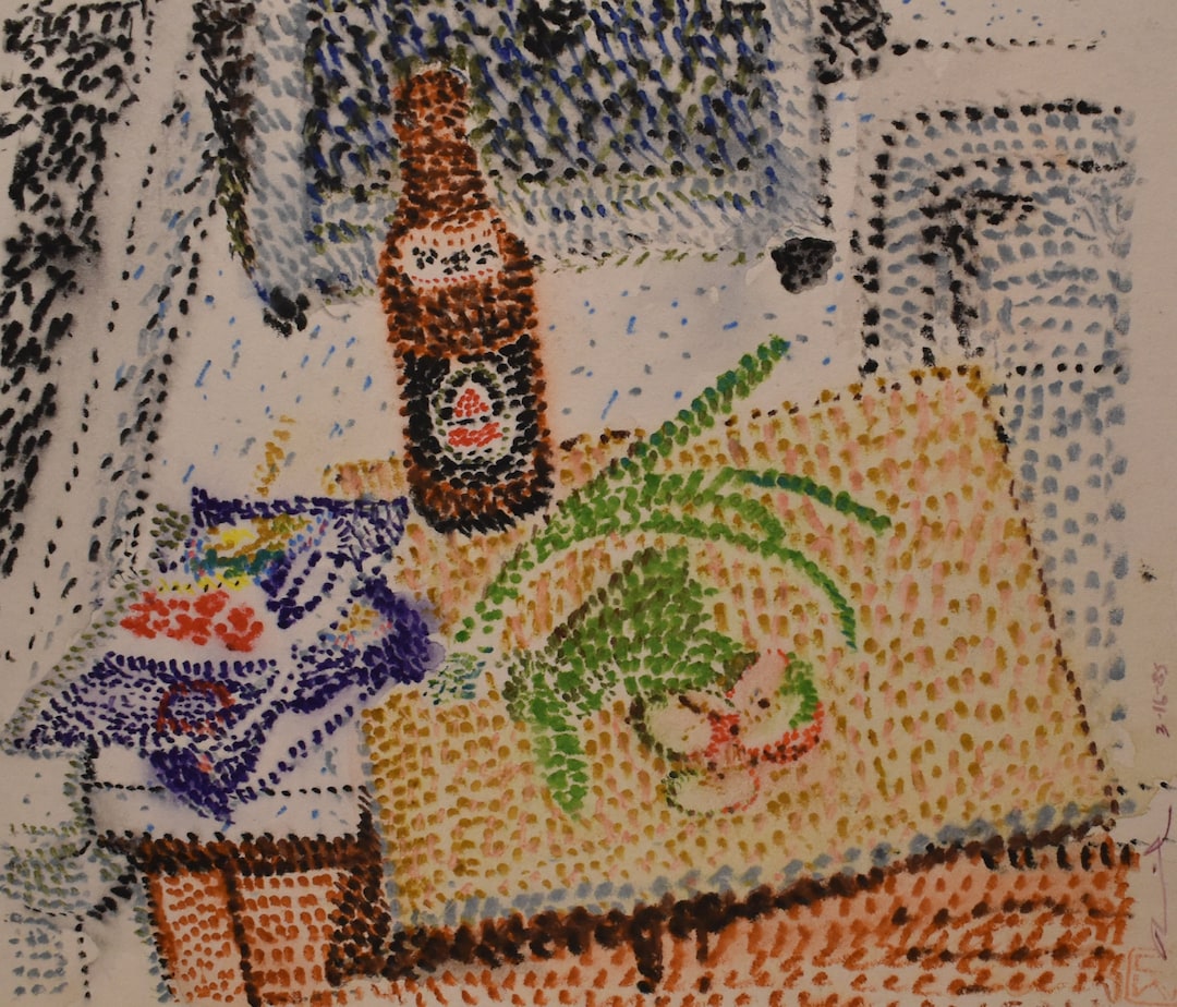 Vintage Japanese Pointillism Watercolor Still Life of Apples and Bottle ...