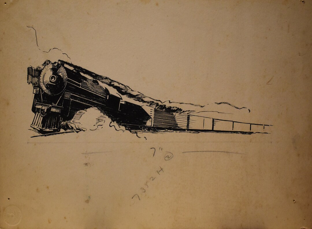 Vintage Train Ink Drawing of Moving Train and Train Cars - Etsy