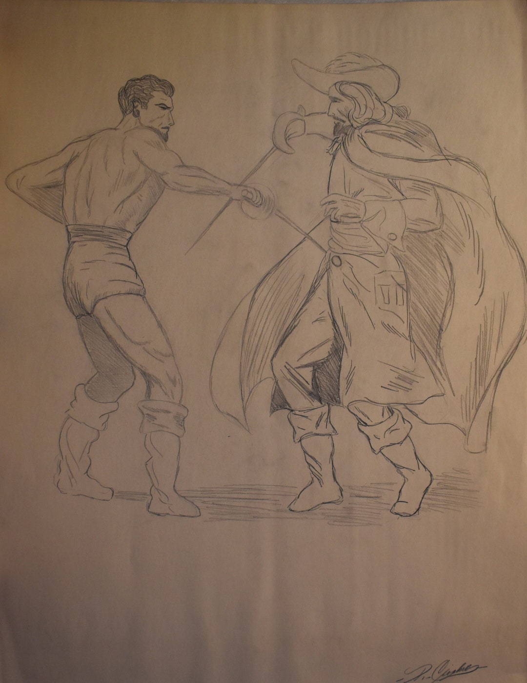 Vintage Pencil Drawing of Two People Fencing Signed - Etsy