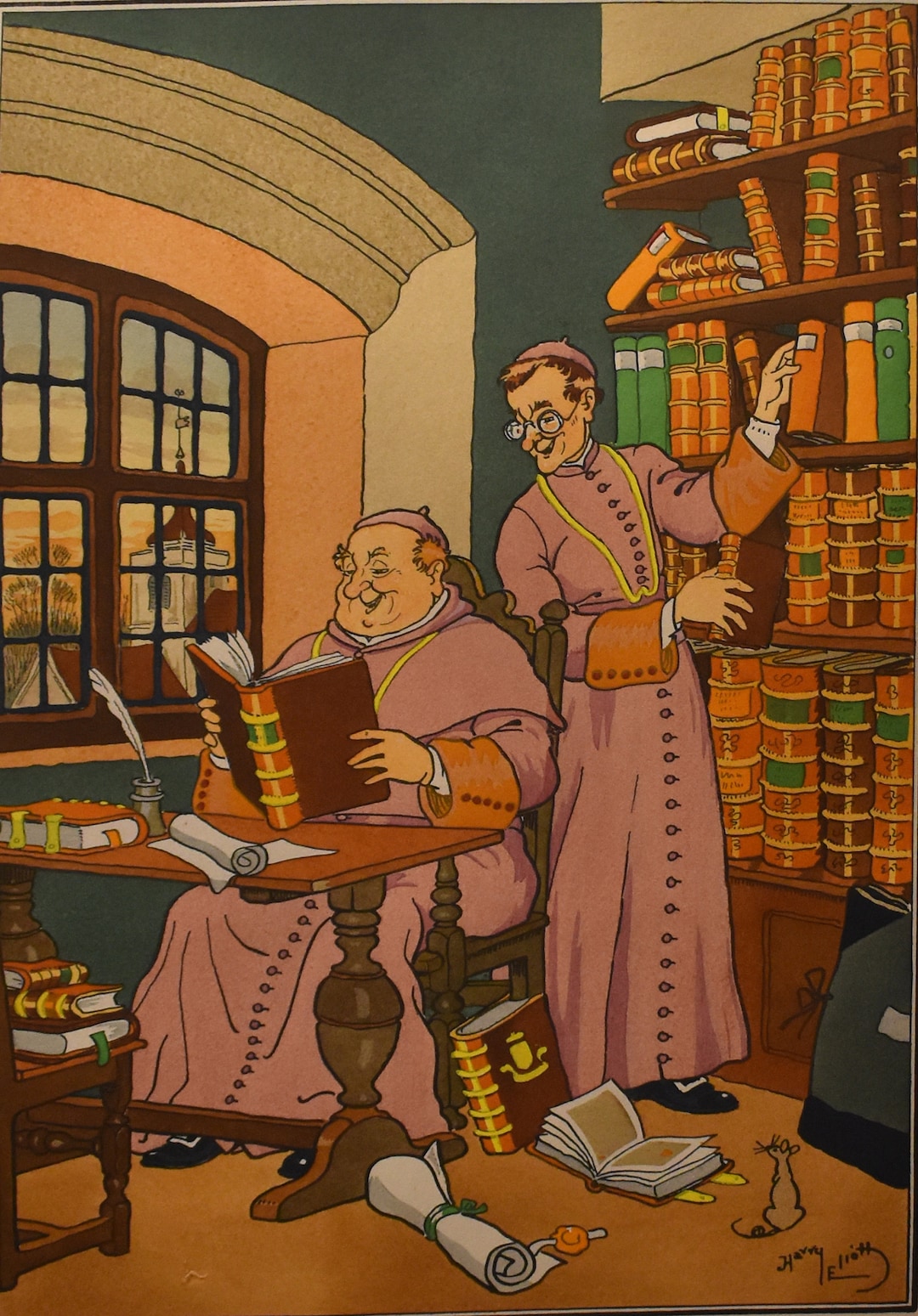Vintage Monks Color Lithograph of Two Monks Reading in Library Signed ...