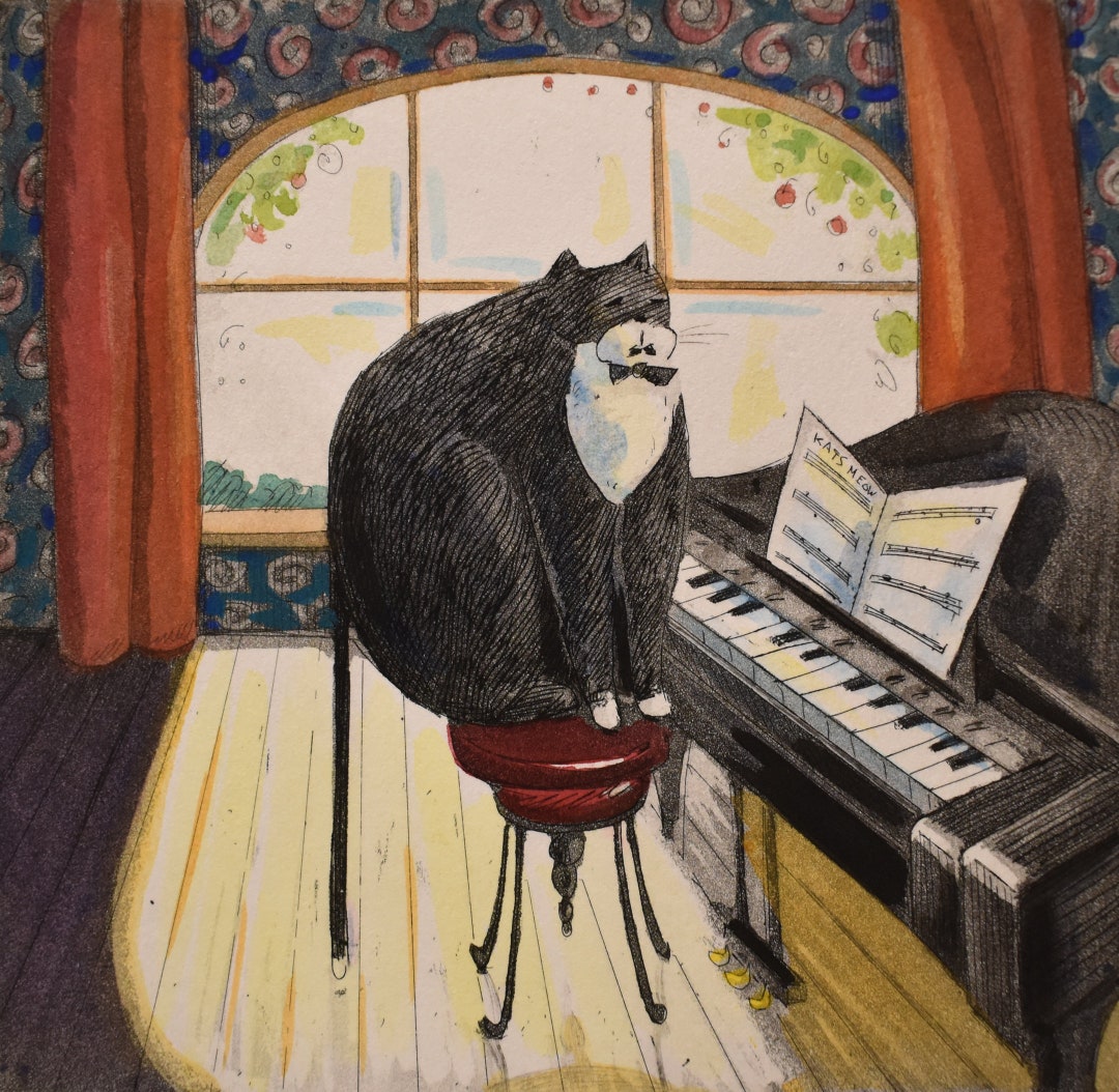 Vintage Cat Color Etching of Cat on Piano Stool Artist Joan Kollman - Etsy