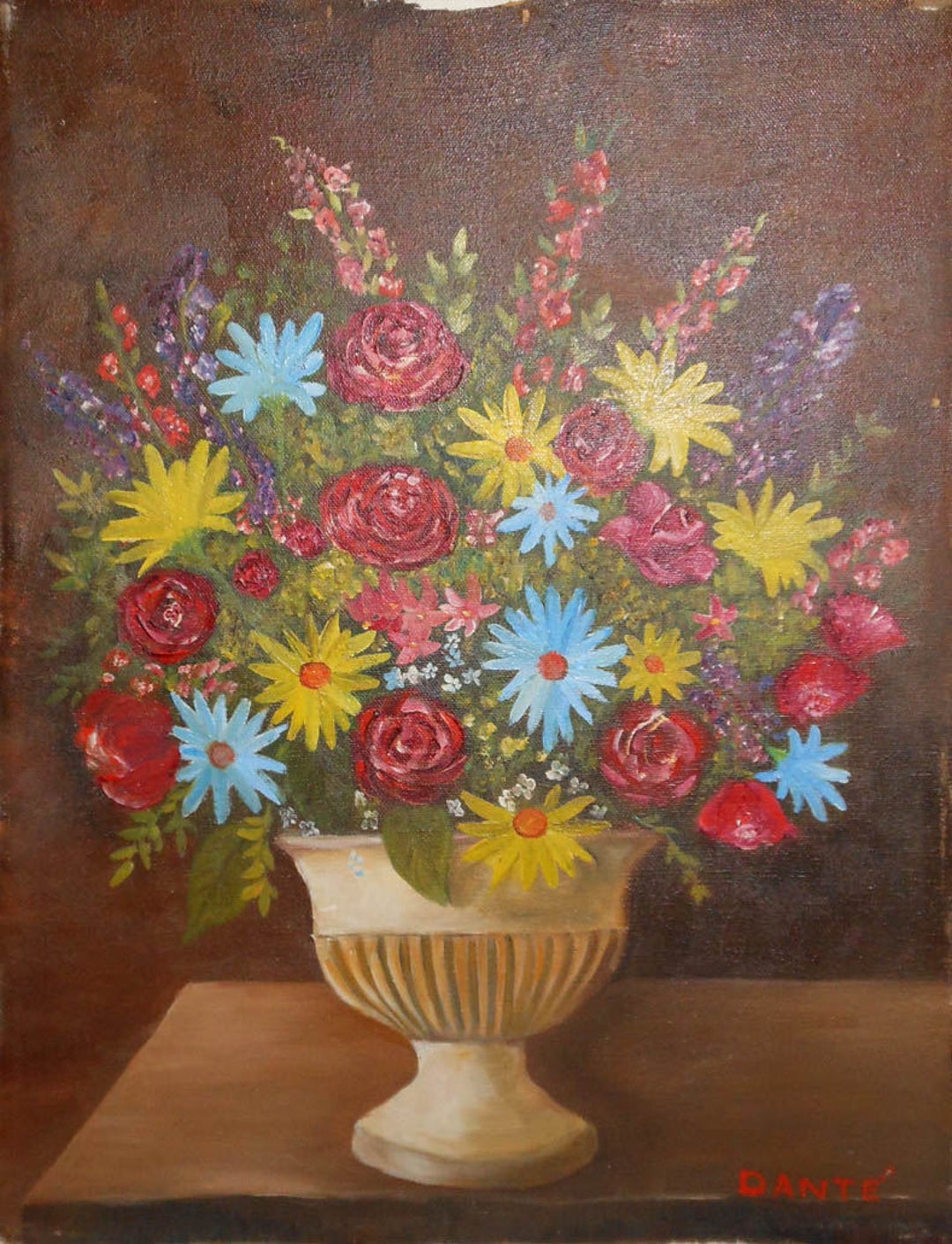 Vintage Still Life Oil Painting of Blue Red Gentian Roses Artist Signed ...