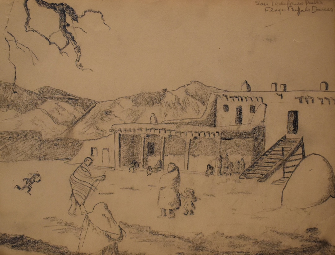 Vintage Southwest Village Pencil Drawing of San Ildefonso Pueblo New ...