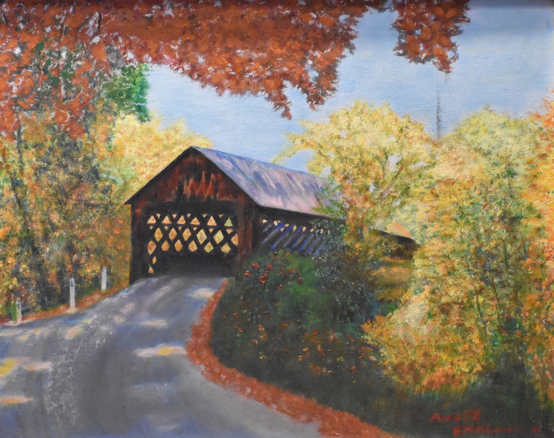 Vintage Covered Bridge Oil Painting Fall Maine Old Road Trees Artist ...