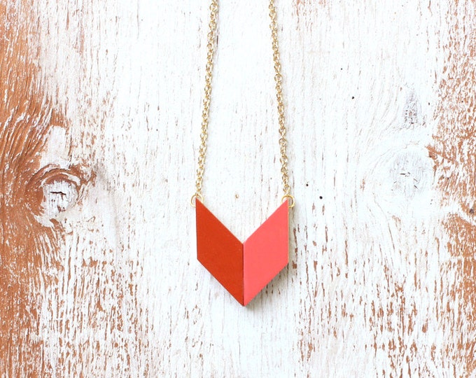 Rust Red & Coral Geometric Wooden Necklace / Arrow Pendant - Etsy
