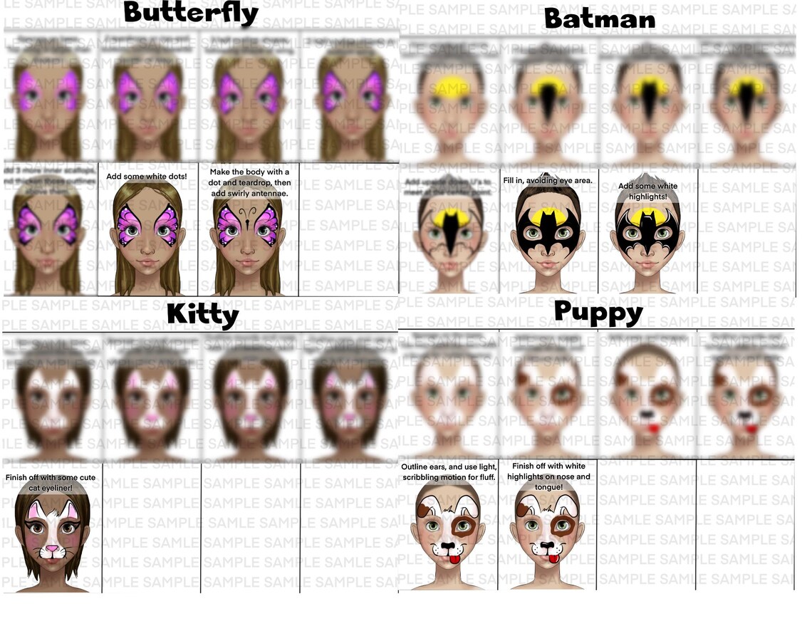Face Painting Step-by-step Tutorial - INCLUDES MENU DESIGNS - Digital ...