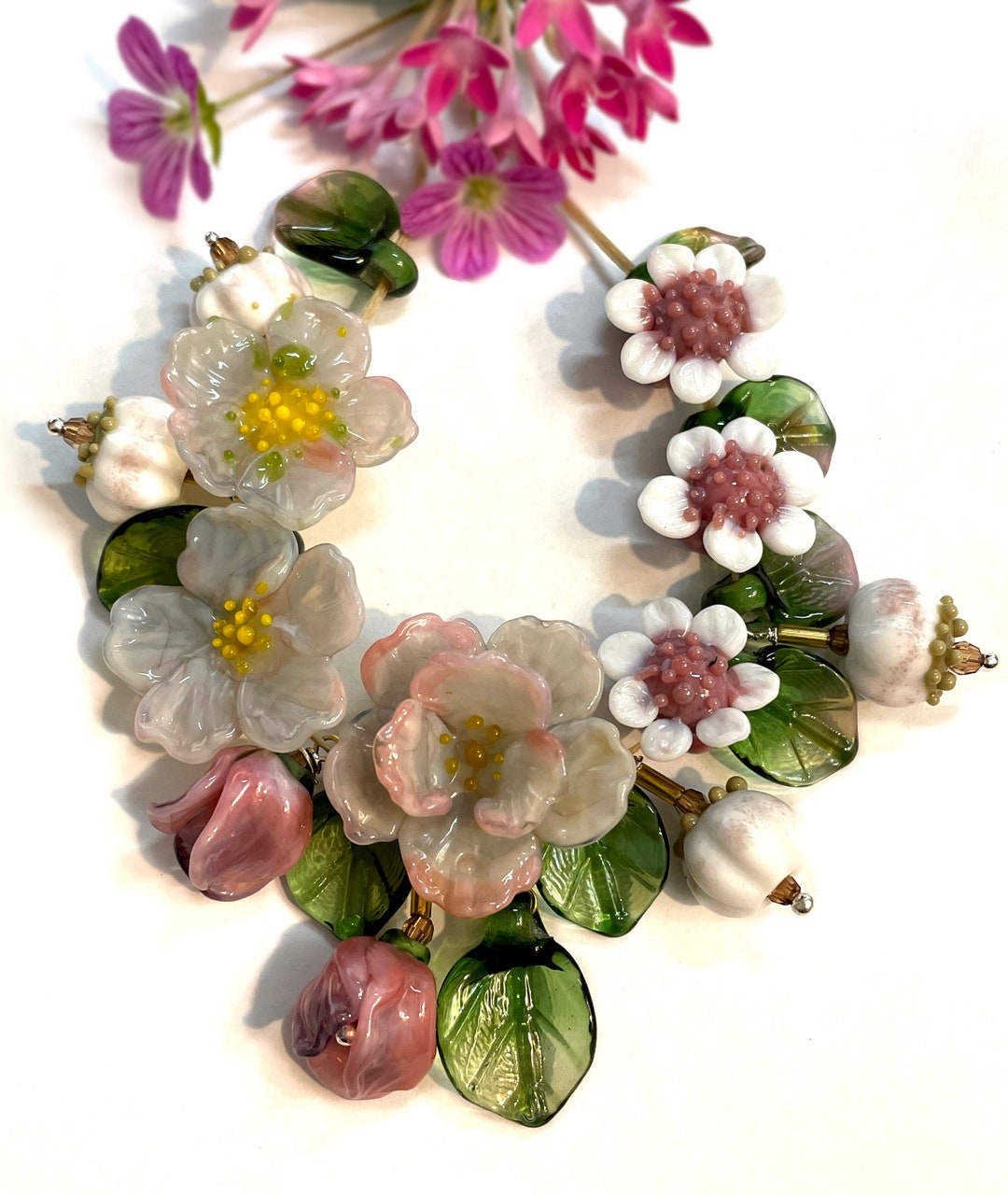 Lampwork Glass Silky White-pink Flower Beads for Jewelry Making, DIY ...