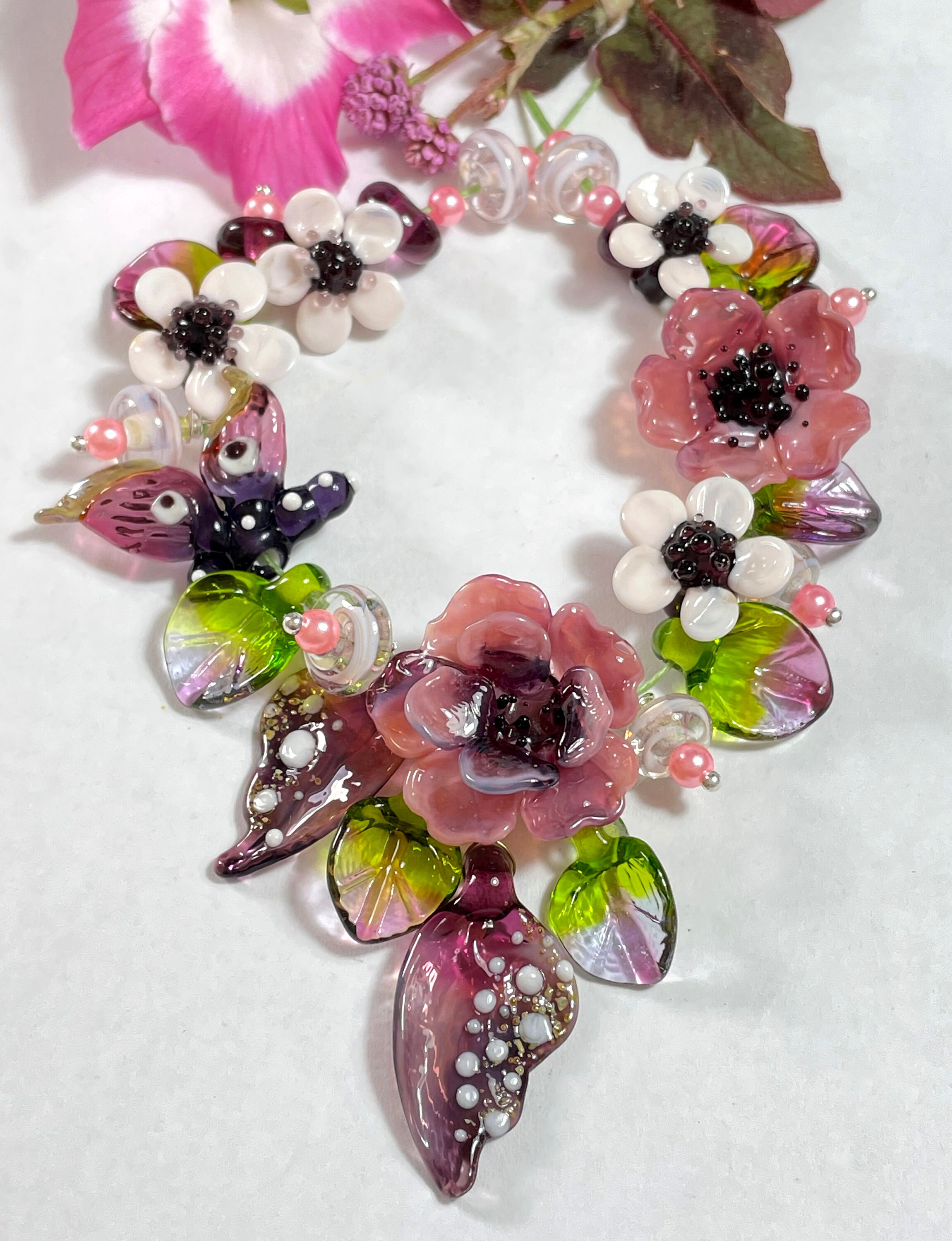Lampwork Glass Pink Flower Beads for Jewelry Making, DIY Pink Flowers ...