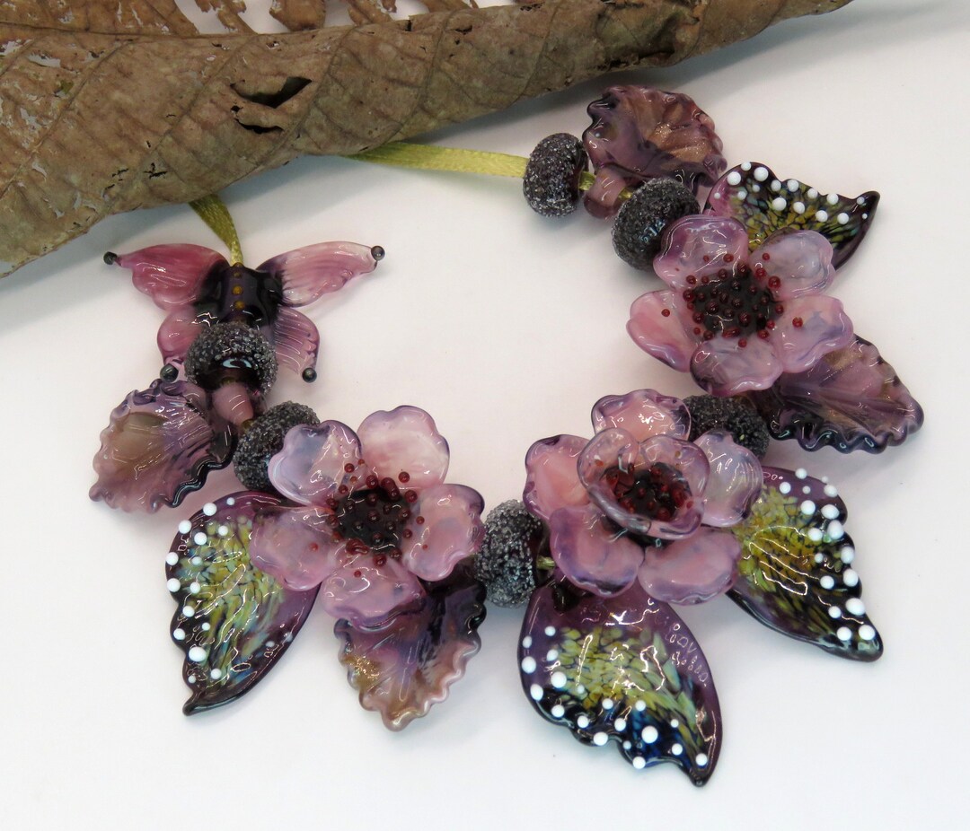 Lampwork Glass Pink Flower Beads, Butterfly, Leaves, Wings, DIY Jewelry ...