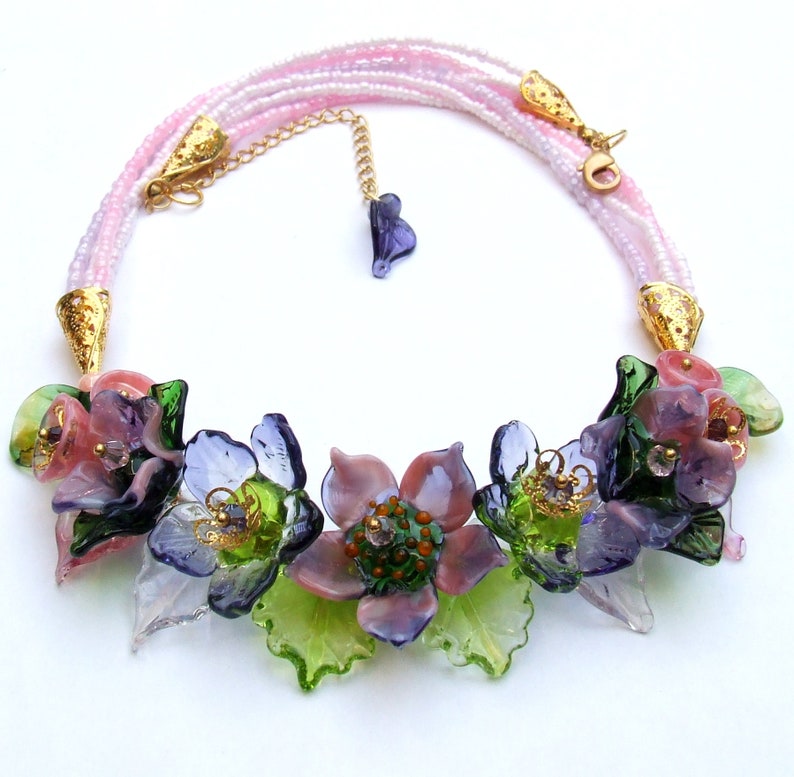Handmade Lampwork Floral Necklace Flower Beads Necklace Pink Purple