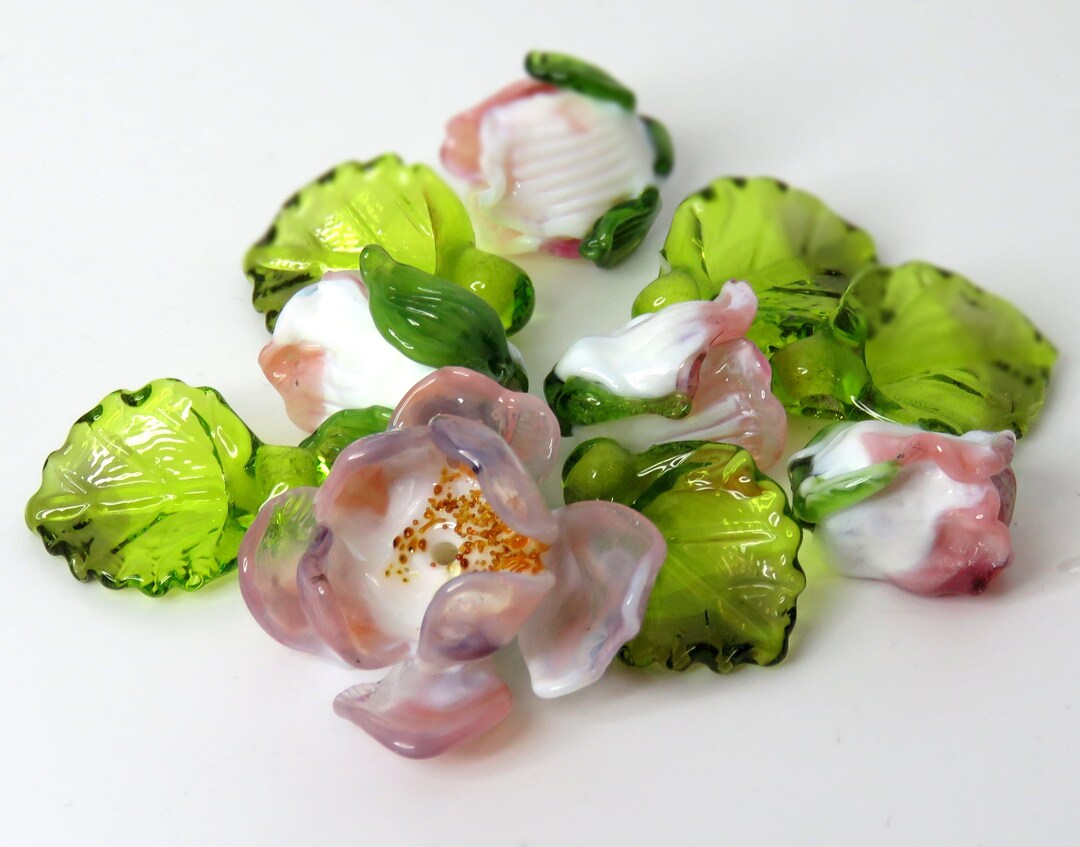 Lampwork White-pink Flowers, DIY Kit, Set of 1 Flower, 4 Buds and 6 ...