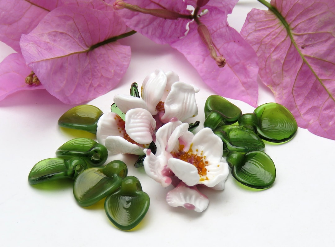 Lampwork Glass White-pink Flower Beads With Leaves, Supplies for ...