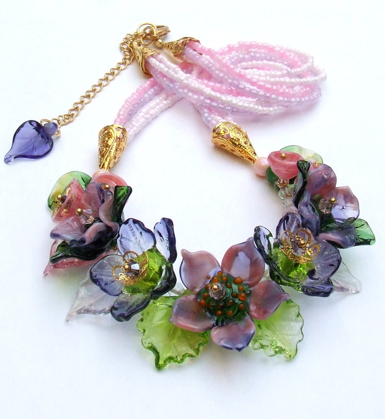 Handmade Lampwork Floral Necklace Flower Beads Necklace Pink Purple