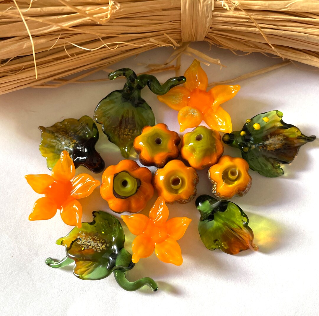 Lampwork Glass Halloween Set, Pumpkins and Flower Beads Supplies for ...