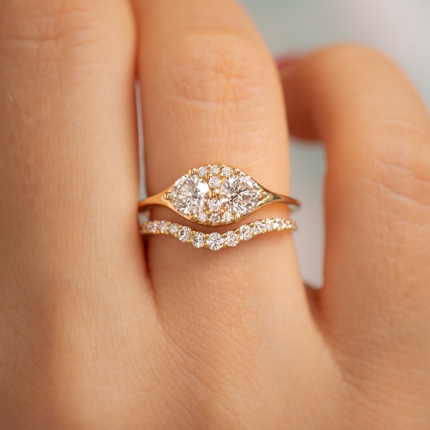 Dual Diamond Engagement Ring with a Cluster of Brilliant Cut | Etsy