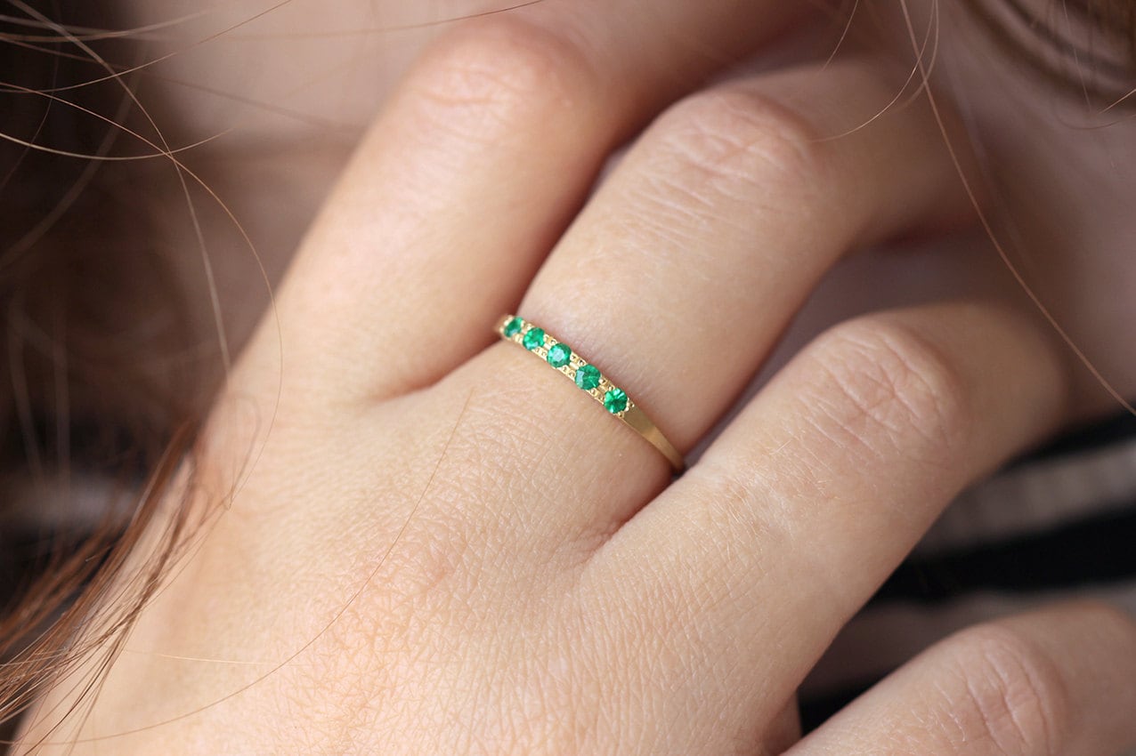 Tiny Emeralds Ring Emerald Ring Band Gold Emerald Wedding | Etsy