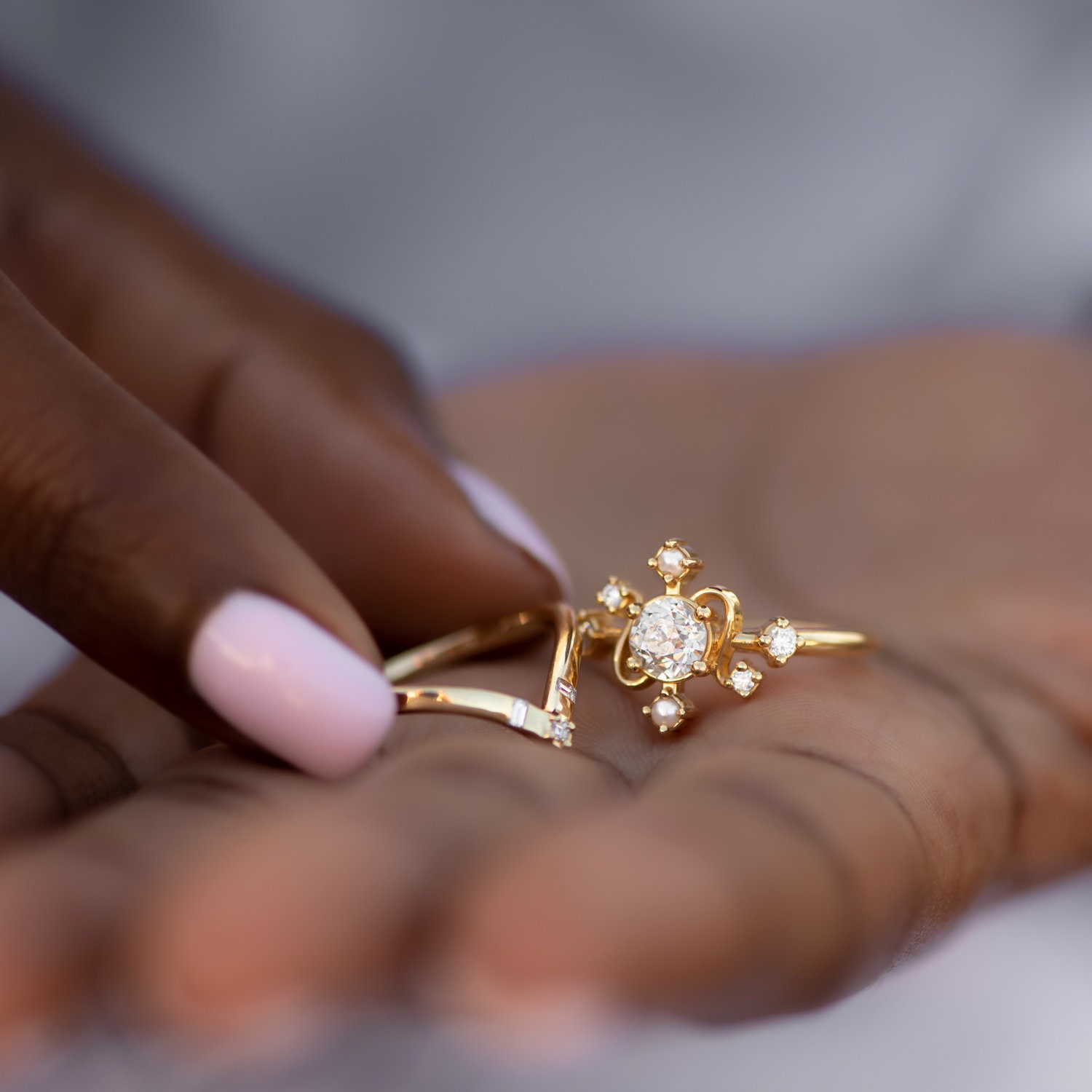 Elemental Engagement Ring with Diamonds and Pearls | Etsy