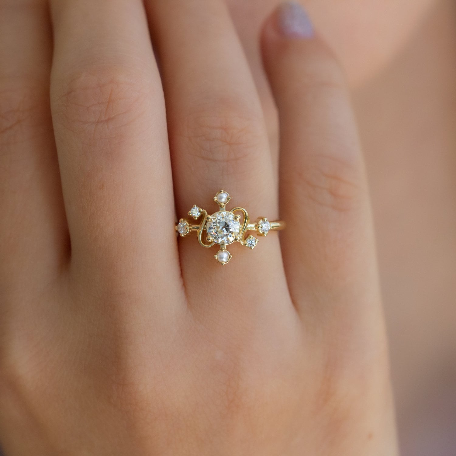 Elemental Engagement Ring with Diamonds and Pearls | Etsy