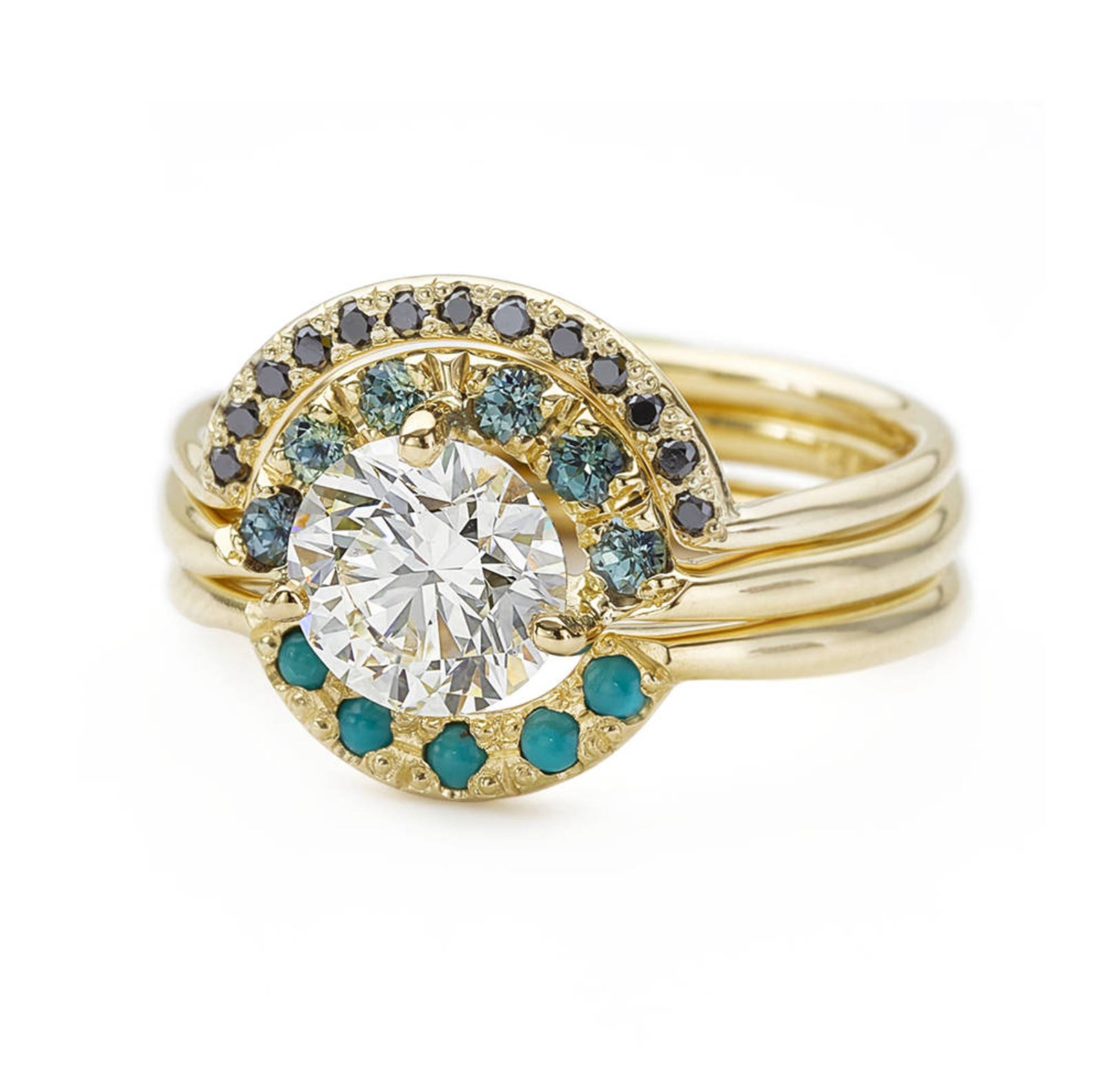 Boho Wedding Ring Set Teal Sapphire Ring One Carat Diamond - Etsy