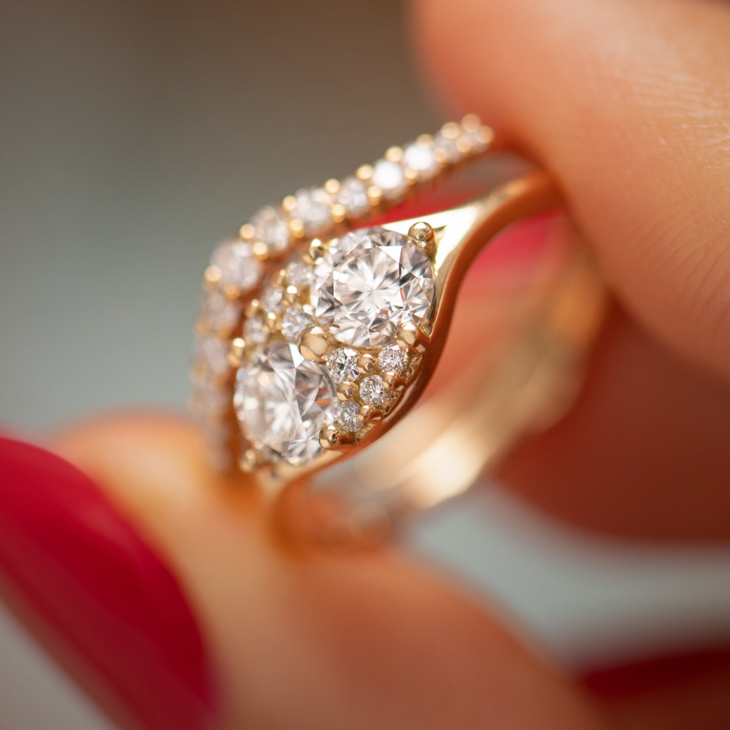 Dual Diamond Engagement Ring with a Cluster of Brilliant Cut | Etsy