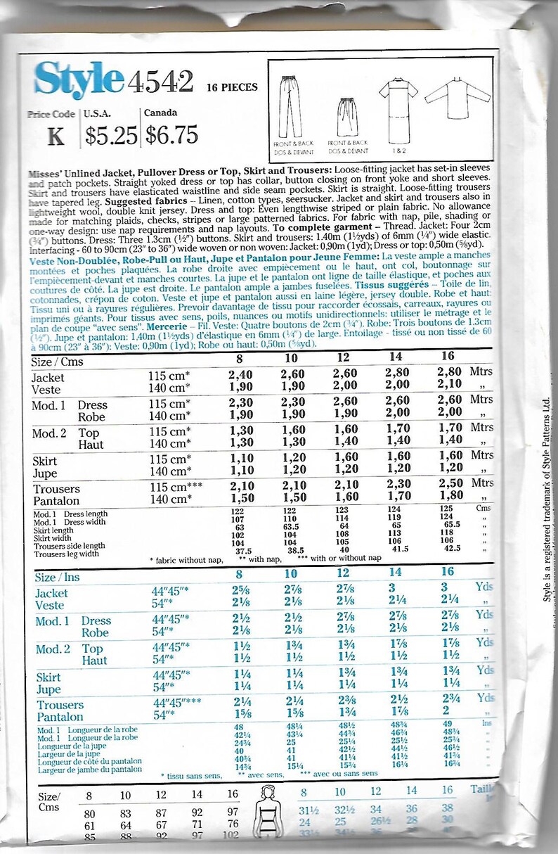 Style 4542 Misses Jacket Pullover Dress or Top Skirt and - Etsy