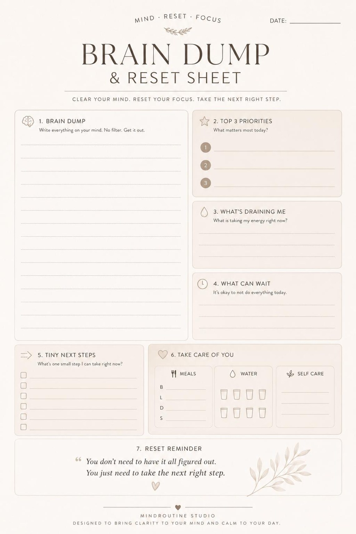 Brain Dump & Reset Sheet Printable | ADHD Planner Insert | Mental Reset ...