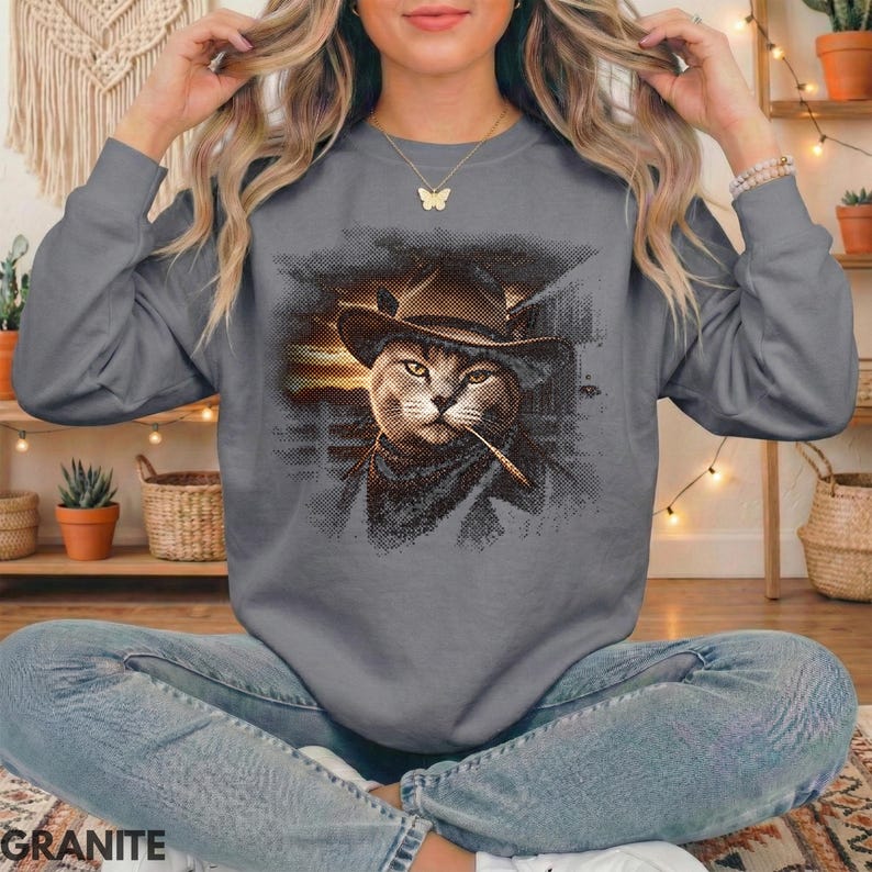 Vintage Cowboy Cat Portrait T-shirt, Western Rustic Animal Graphic Tee ...