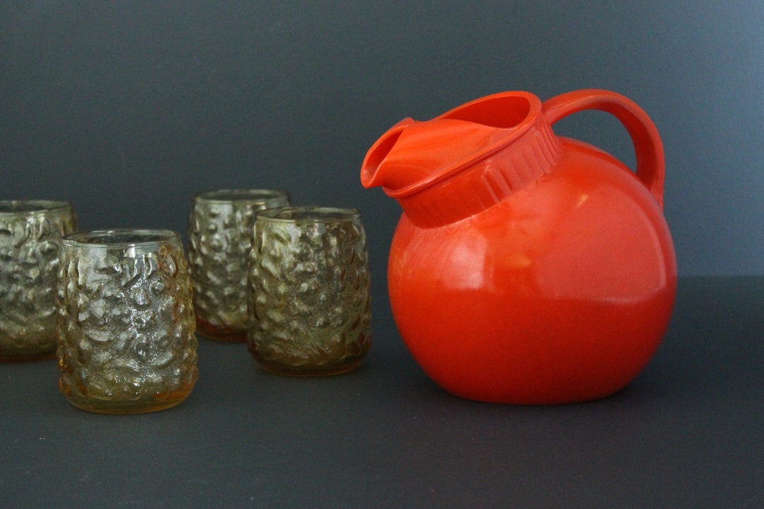 Vintage Glass Ball Pitcher by Anchor Hocking Bright Orange Painted ...