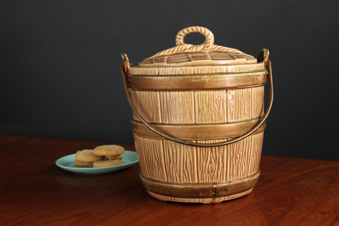 Vintage Faux Wood Bucket Cookie Jar With Lid Kitschy Kitchen - Etsy