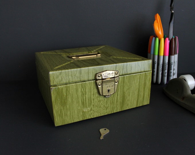 Vintage Portable Metal Locking File Box Green Faux Woodgrain by Porta ...
