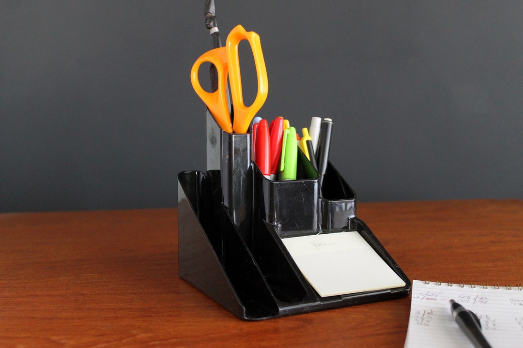 Vintage Desk Caddy Black Plastic Retro Pencil Pen Post-it Note Holder ...