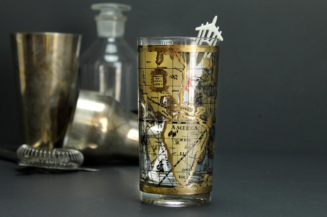 Vintage Cera Glassware Maps 22k Gold Embellishment MCM Highball 12oz ...